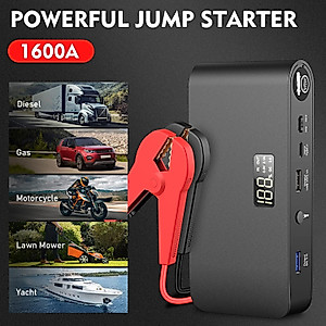 3000A Peak Battery Jump Starter 16000mAh Jump Pack 1600A Rated 12V with Jumper Cables, Portable Battery Booster with USB QC 3.0 PD 18W Fast Charging for Car 7.2L Gas/5.5L Diesel Engine