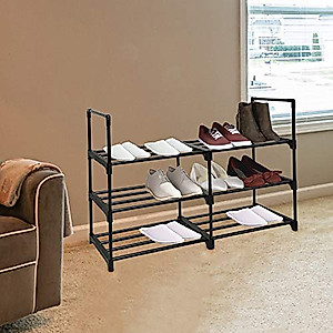 DazHom 3-Tier Shoe Rack, Shoe Storage Organizer Metal for Closet, Stackable Shoe Tower Racks Space Saving Shelf Sturdy Holds 12-15 Pairs for Living Room, Entryway, Hallway, Black