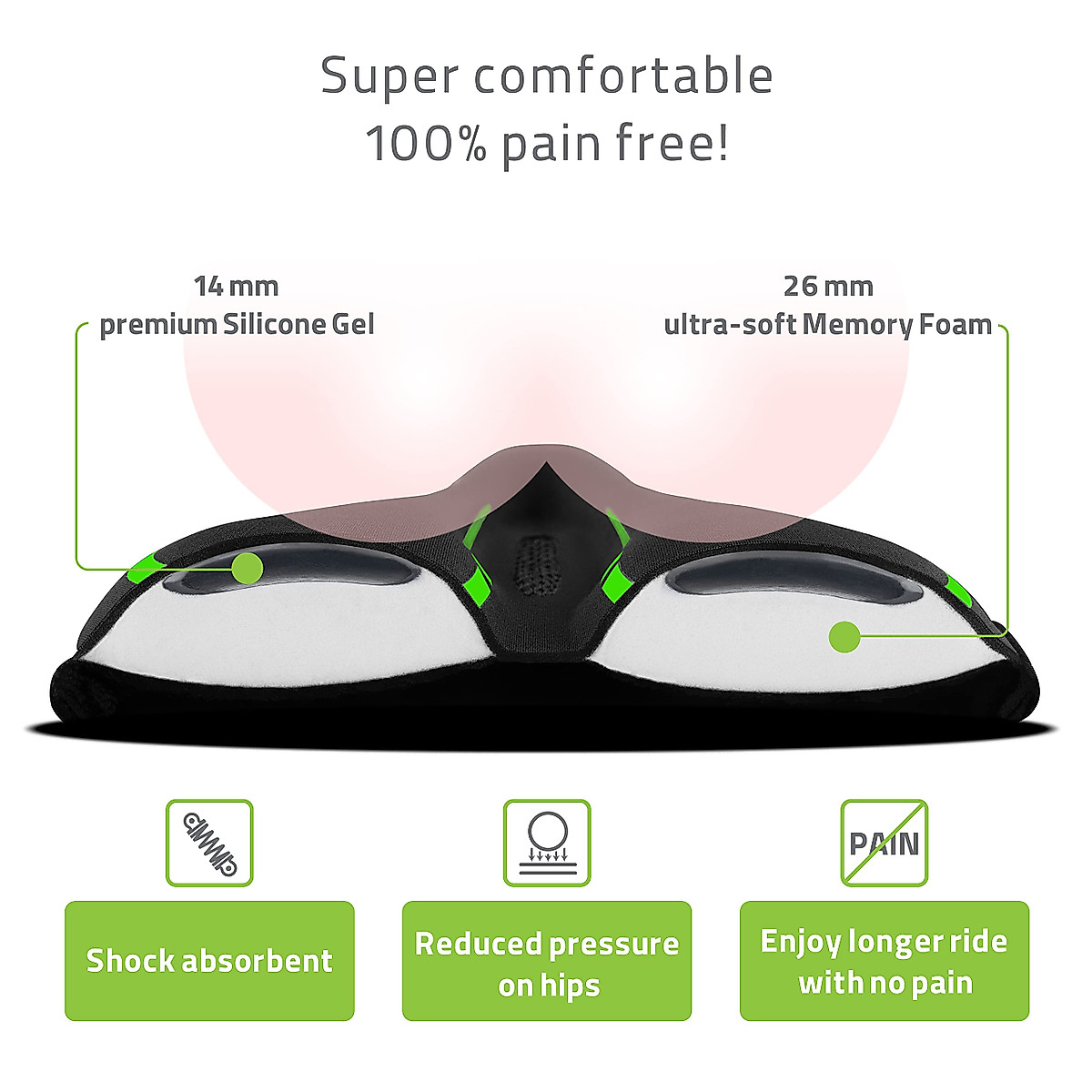 RONUX Narrow Gel Bike Seat Cushion - Extra Soft Comfy Bicycle Seat Cover - [ Extra Memory Foam & Gel ] for Peloton Bike, Stationary, Exercise, Electric, Road & Mountain Bikes - Women & Men - Green