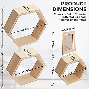 Bettabode Set of 3 Hexagon Shelves – Wood Honeycomb Shelves, Wall Decor for Living Room, Bedroom – Modern Wall Mount Hexagon Floating Shelves – Floating Hexagon Shelves with Photo Frame