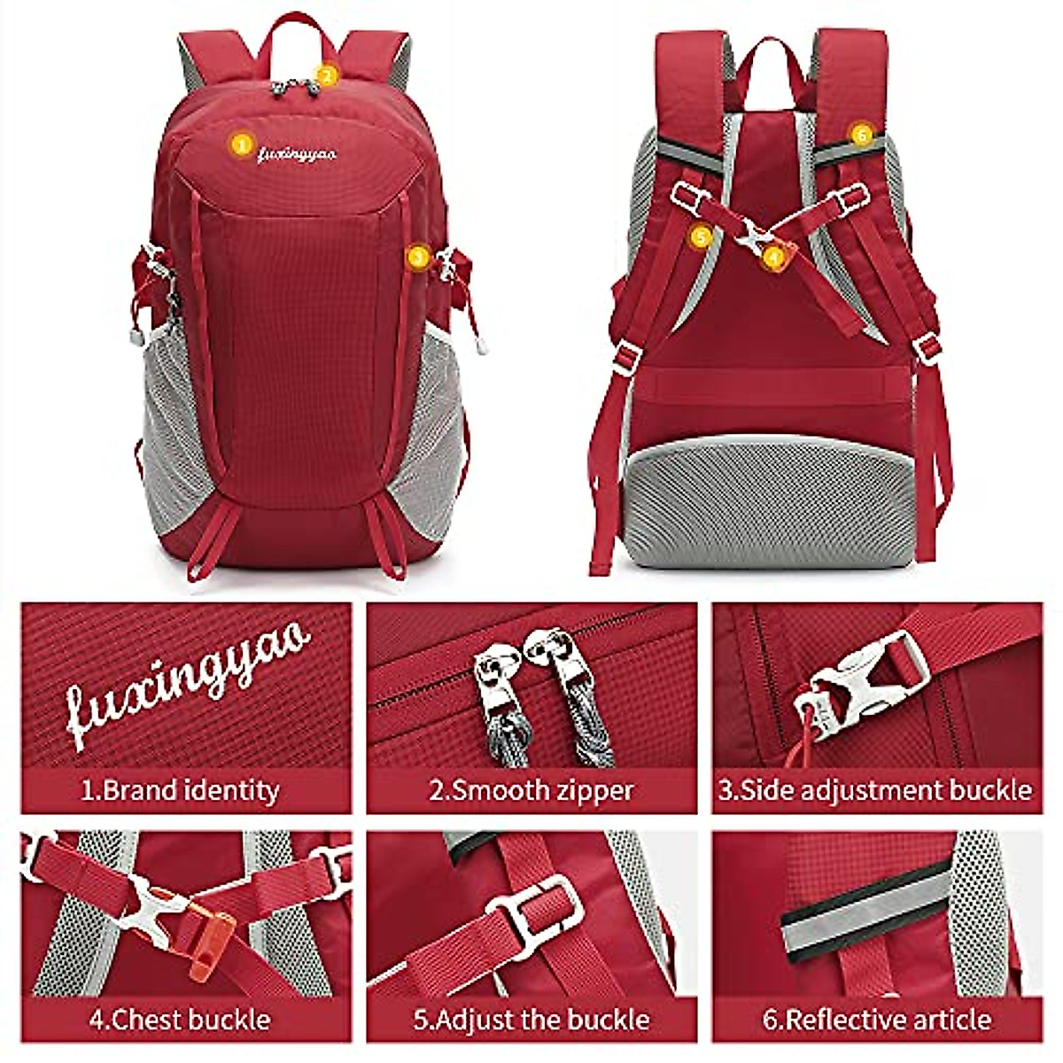FUXINGYAO Hiking Backpack, Waterproof Lightweight Backpack, 40L Multi Compartment Outdoor Sport Camping Bag Travel Daypack for Men Woman, Red