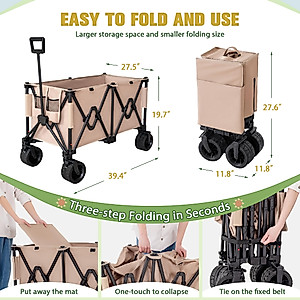 Devoko Collapsible Folding Wagon, 200L Outdoor Heavy Duty Beach Garden Wagon Cart with Big Wheels for Sand, Grocery Cart on Wheels, Beige