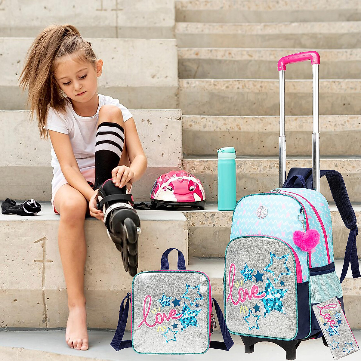 Egchescebo Kids Rolling Backpack for Girls Suitcases Trolley Backpacks with Wheels Roller Luggage Backpack on Wheels with Lunch Box Pencil Case for Elementary Girls Travel School Bag Aged 6-15 Blue