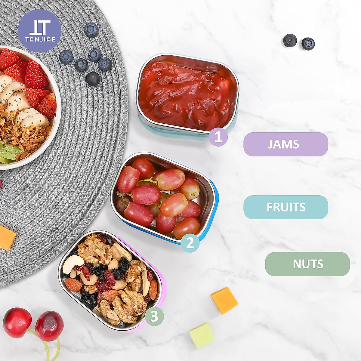 Tanjiae Kids Snack Pro - Stainless Steel Snack Containers for Kids | Easy Open Leak Proof Small Food Containers with Silicone Lids - Perfect Metal Toddler Lunch Box for Daycare and School (8oz*3)