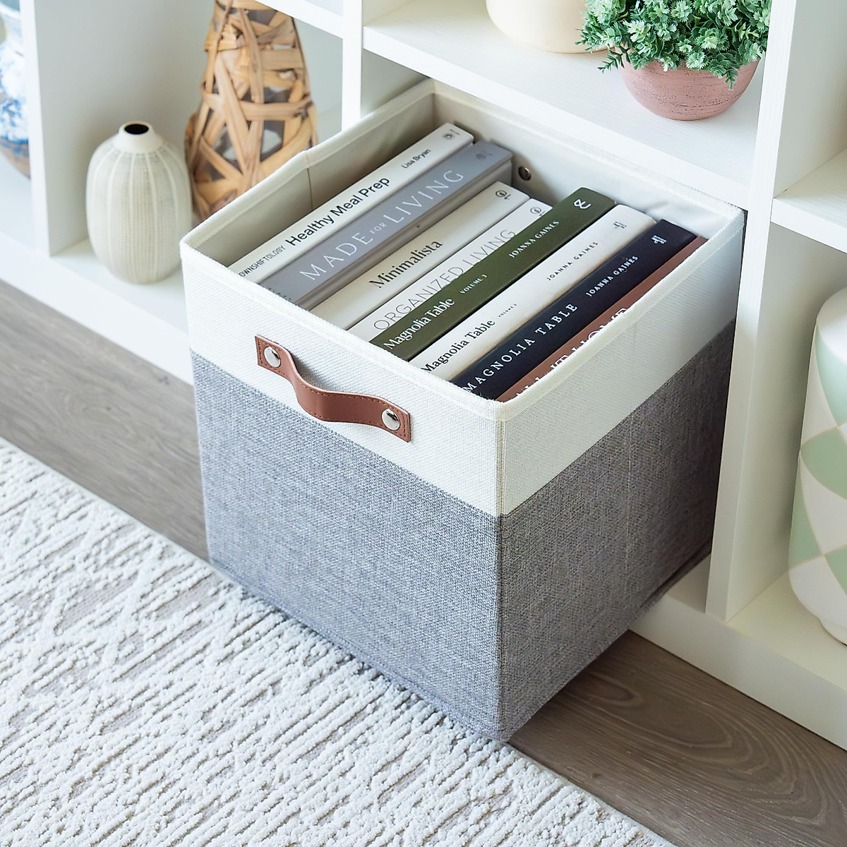 OrganiHaus 11 Inch Cube Storage Bin set of 4, Fabric Storage Bins, Cube Storage Organizer Bins, Cubby Bins w/ Vegan Handles, Kallax Organizer Storage Cube Basket, Square Storage Cubes - Grey/White