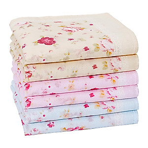 HOULIFE Ladies 100% 60S Cotton Handkerchiefs Womens Red Rose Floral Print Hankies for Wedding Party 18x18