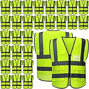 30 Pack High Visibility Safety Vests with Pockets and Zipper Mesh Reflective Construction Vest for Men Women, Breathable Neon Working Vest for Traffic Work Outdoor Running Cycling at Night
