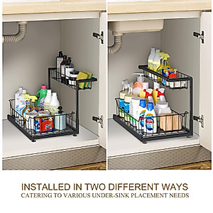 JTWEB Under Sink Organizer: L-Shaped Metal Pull Out, Ideal for Kitchen and Bathroom Sink Organization, Black