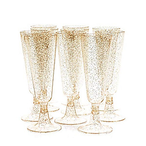 MATANA 50 Gold Glitter Plastic Champagne Flutes 5oz Clear Plastic Toasting Glasses, Mimosa Glasses, Cocktail Cups, Champagne Glasses - Wedding Anniversary Garden Barbecue Parties, Reusable, Recyclable