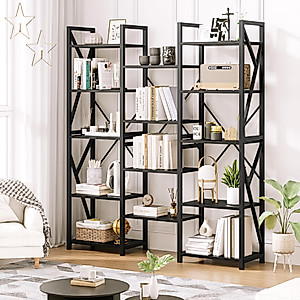 GAOMON Triple Wide 5 Tier Book Shelf, 70.8” Tall Bookcase with 14 Open Shelves, Large Industrial Bookshelves and Bookcases with Metal Frame for Home Office, Study Room, Living Room-Black