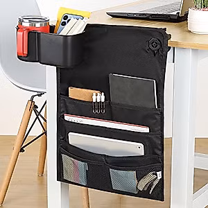 yamagahome Desk Cup Holder Clamp with Hanging Storage Bag, 2 in 1 Table Cup Holder Clip for Desk, Anti-Spill Tableside Cup Holder with Hanging Organizer for Home Office, College Dorm Rooms, RV