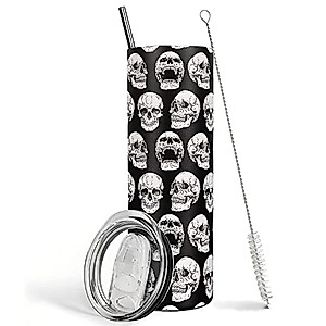 Ceovfoi Skull Skinny Tumblers,Vacuum Insulated Tumbler With Straw, 20 Oz Goth Skull Halloween CoffeeTravel Tumbler, Skull Decor Gift
