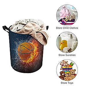 Basketball Laundry Hamper Fire Water Ball Kids Laundry Basket Sports Dirty Clothes Storage Basket Collapsible Waterproof Toy Organizer for Boys Bedrooms