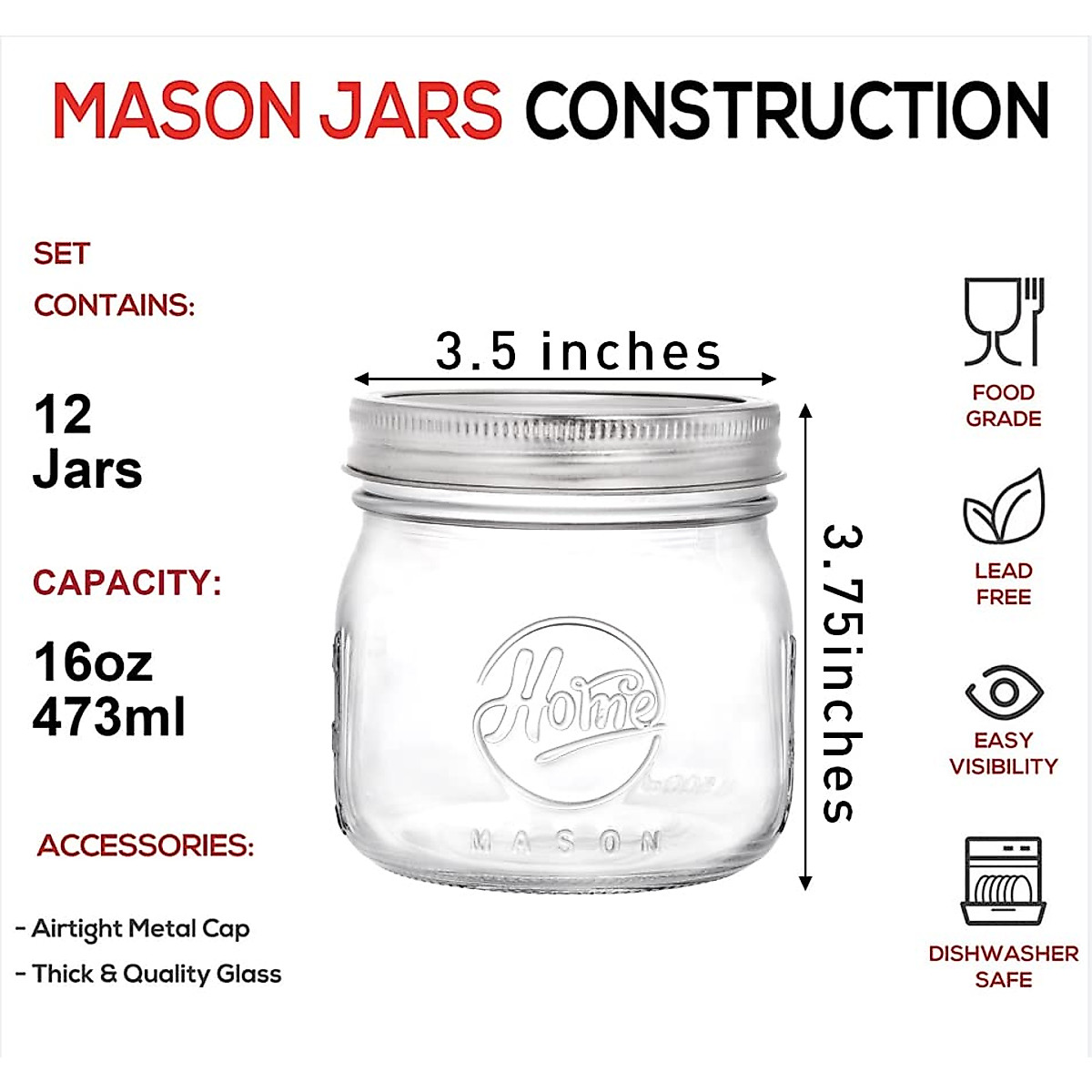 Tebery 12 Pack Wide Mouth Home Glass Mason Jars with Airtight Lids and Bands, 16Oz Canning Glass Jars for Canning, Fermenting, Pickling, Decor