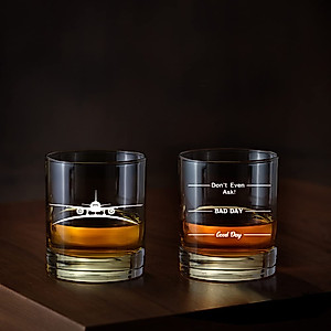 AGMdesign, Double sided Good Day Bad Day Don't Even Ask Airplane Pilot Flight Attendant Whiskey Glasses, Aviation Whiskey Glass Gifts for Him, Pilot, Husband, Brother, Dad, Grandpa