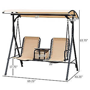 Outsunny 2-Seat Patio Swing Chair, Outdoor Canopy Swing Glider with Pivot Storage Table, Cup Holder, Adjustable Shade, Bungie Seat Suspension and Weather Resistant Steel Frame, Beige