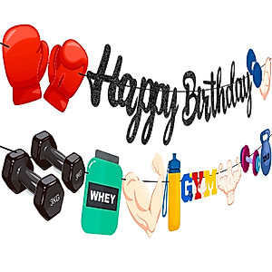 Gym Birthday Party Banner Weight Lifting Birthday Party Decorations 2Pcs Glitter Fitness Birthday Party Banners Gym Happy Birthday Banner for Gym Theme Baby Shower Supplies
