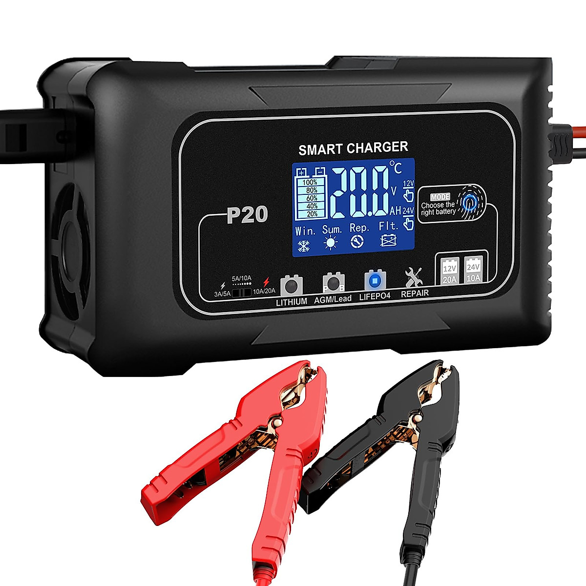 20-Amp Smart Battery Charger,12V/20A and 24V/10A.Lithium,Lifepo4,Lead-Acid(AGM/Gel/SLA..) Car Battery Charger,Trickle Charger, Maintainer/Pulse Repair Charger,for Car ,Boat,Motorcycle, Lawn Mower