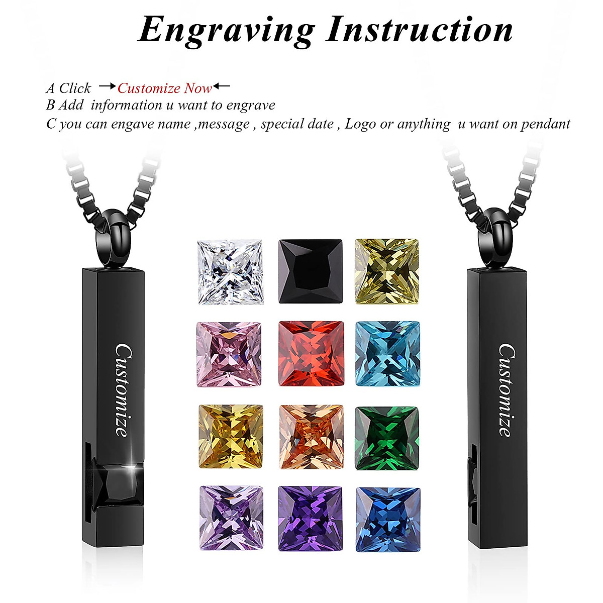 XSMZB Crystal Cremation Urn Jewelry Cube Memorial Ashes Necklace Pendant Keepsake- Black Birthstone Series(Customize)