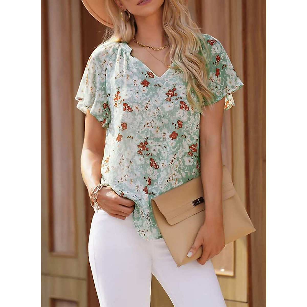 Dokotoo Womens Boho Tops and BlousesV Neck Floral Cap Sleeve Ladies Flowy Ruffle Summer Shirts Medium Green