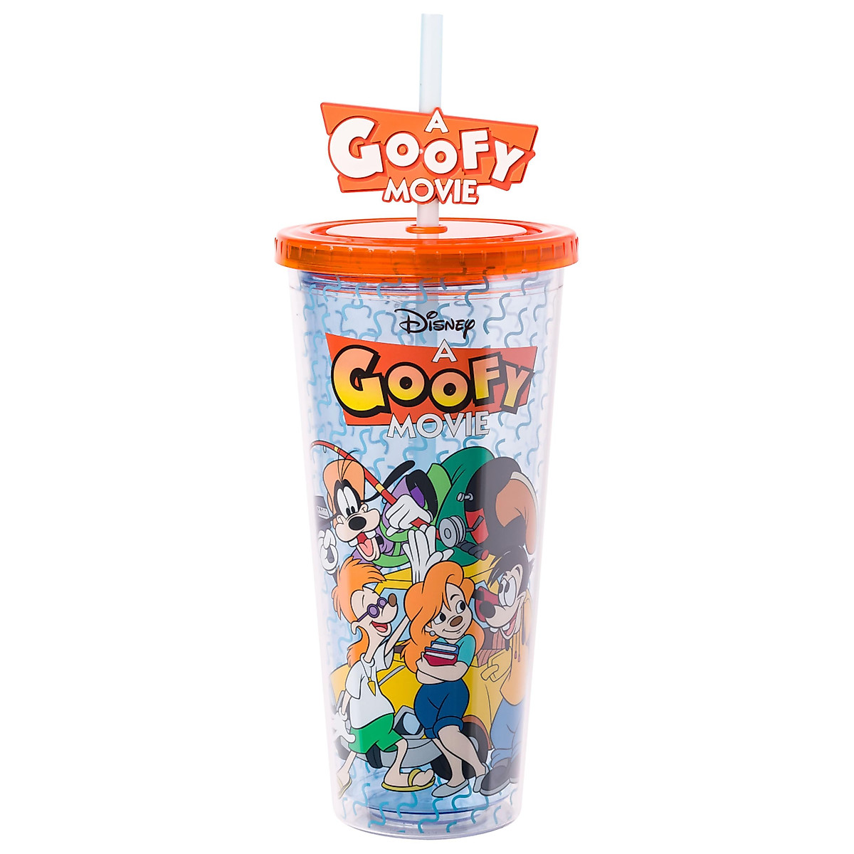 Silver Buffalo Disney A Goofy Movie Featuring Goofy, Max Goof, Roxanne and Bobby Zimuruski Plastic Cold Cup with Lid and Straw Topper, 24 Ounces