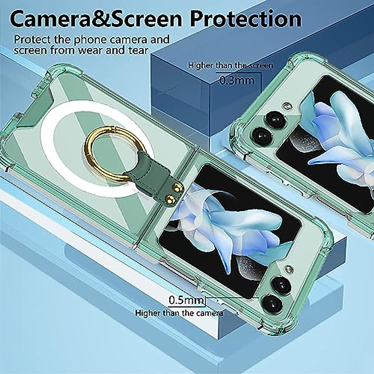 NINKI Compatible Samsung Galaxy Z Flip 5 Case Clear with Ring,4 Corners Heavy Duty Shockproof Samsung Z Flip 5 Case Rugged Slim Silicone Wireless Cover Phone Case for Galaxy Z Flip 5 Case 5G (Green)