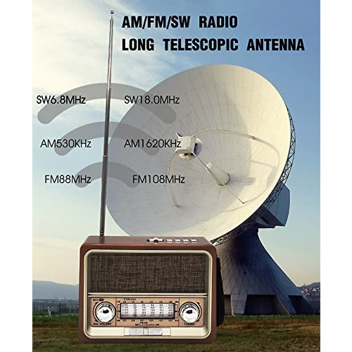 Videyas Portable Shortwave Retro Radio, AM FM Retro Radio, with Bluetooth Speaker, Best Reception, Rechargeable Battery, Torch, AUX TF USB Stick, Great for Outdoor Kitchen Gifts