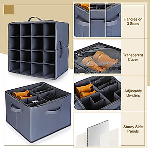 Suzile 2 Pack Shoes Organizer for Closet Fits 16 Pairs Fabric Storage Shoe Boxes with Clear Cover and Adjustable Dividers Large Wardrobe Shoe Basket Shoe Bin for Shoe Storage (Gray)