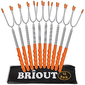 Briout Marshmallow Roasting Sticks 10 Pack Extra Long 45’’ Stainless Telescoping Hot Dog Smores Skewers Kids Safe Barbecue Forks for Campfire, Bonfire and Grill