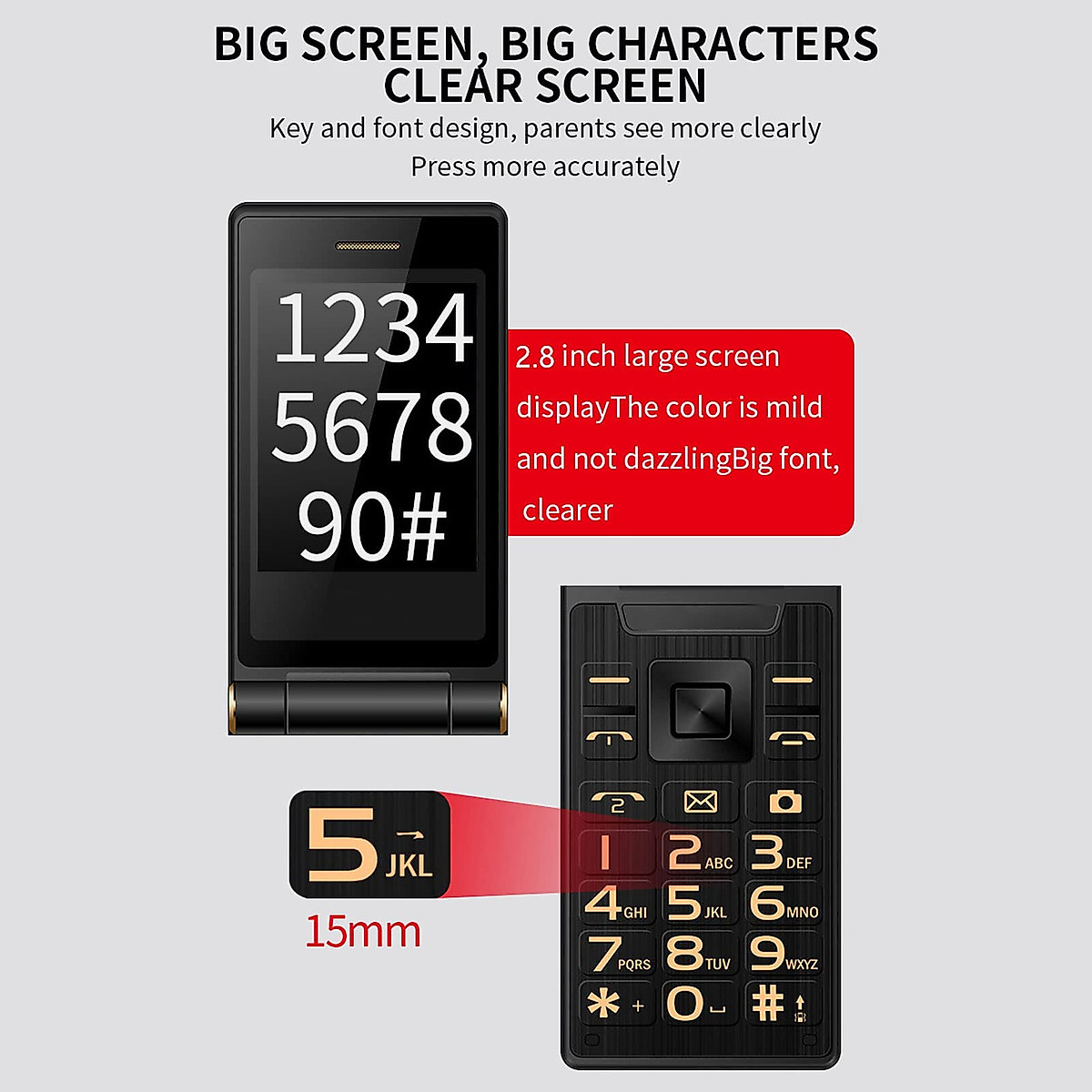 Senior Flip Phone, 2G Cell Phone with 3 Inch Double Screen, Large Buttons, LED Flashlight, Cellphone for Elderly Parents (Gold)