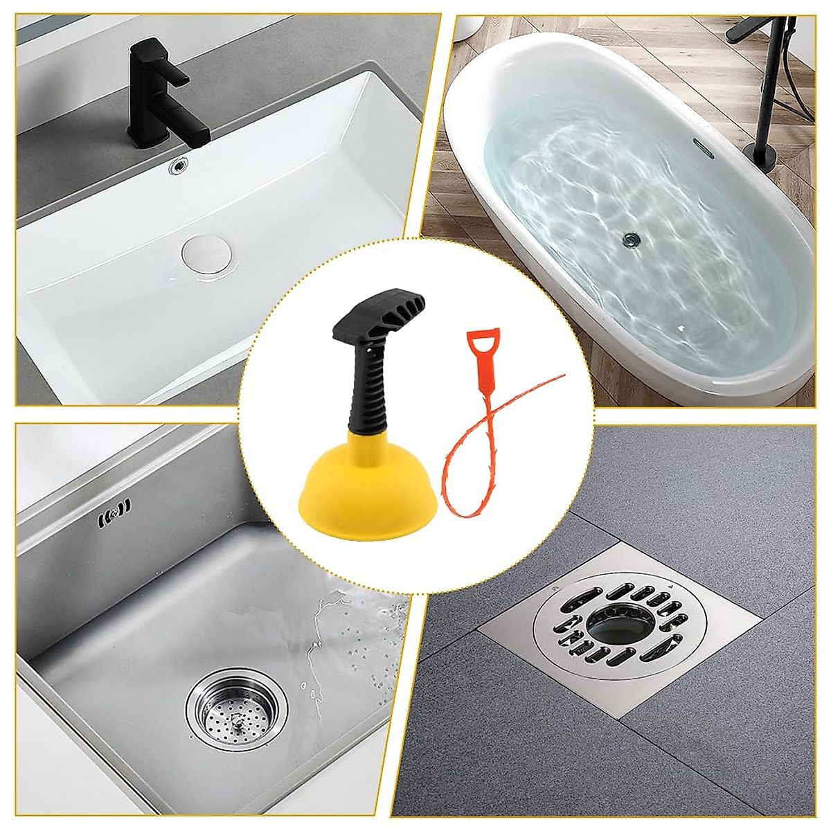 Sink Plunger with Drain Clog Remover, Mini Plunger with Short Handle, Hand Drain Plunger Easy to Use Unclogging Tool for Kitchen Sink,Bathroom Toilet, Shower Tub