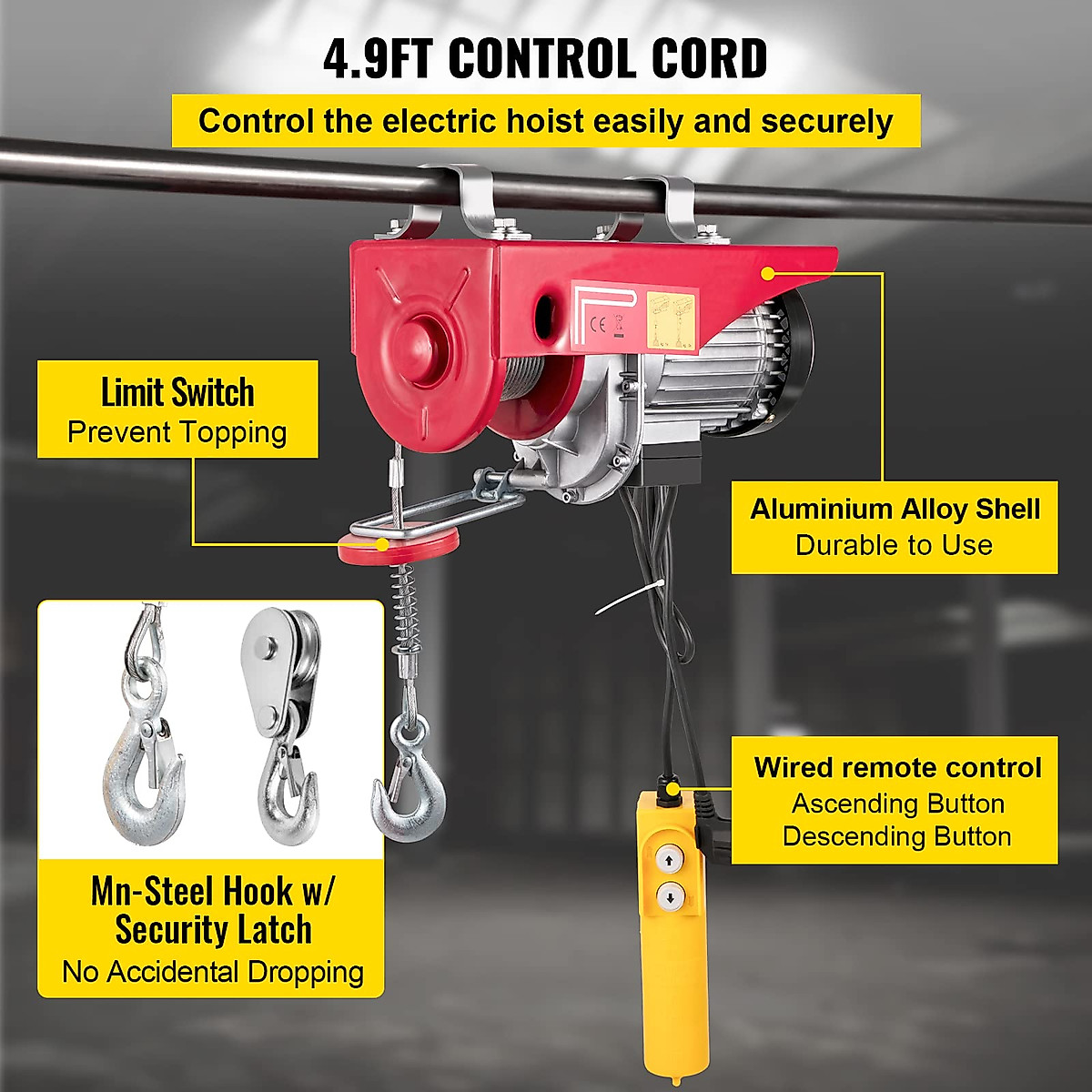 VEVOR Electric Hoist Lift 1320LBS 600KG Overhead Electric Hoist 110V Electric Wire Hoist Remote Control Garage Auto Shop Overhead Lift