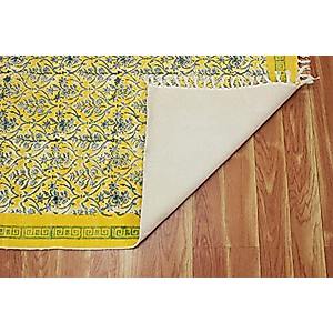 Casavani Indian Handmade Cotton Dhurrie Bordered Yellow & Green Area Rug Boho Kilim Flat Weave Rug Indoor Hall Room Decor Carpet Throw Rugs for Bedroom Living Room Bathroom Balcony 4x7 Feet
