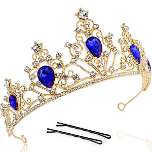 1 Pack Blue Crystal Wedding Tiara Crown for Women and Flower Girls Metal Princess Tiara for Bride Quinceanera Headpieces Elegant Princess Crown for Wedding Bridal Prom Birthday