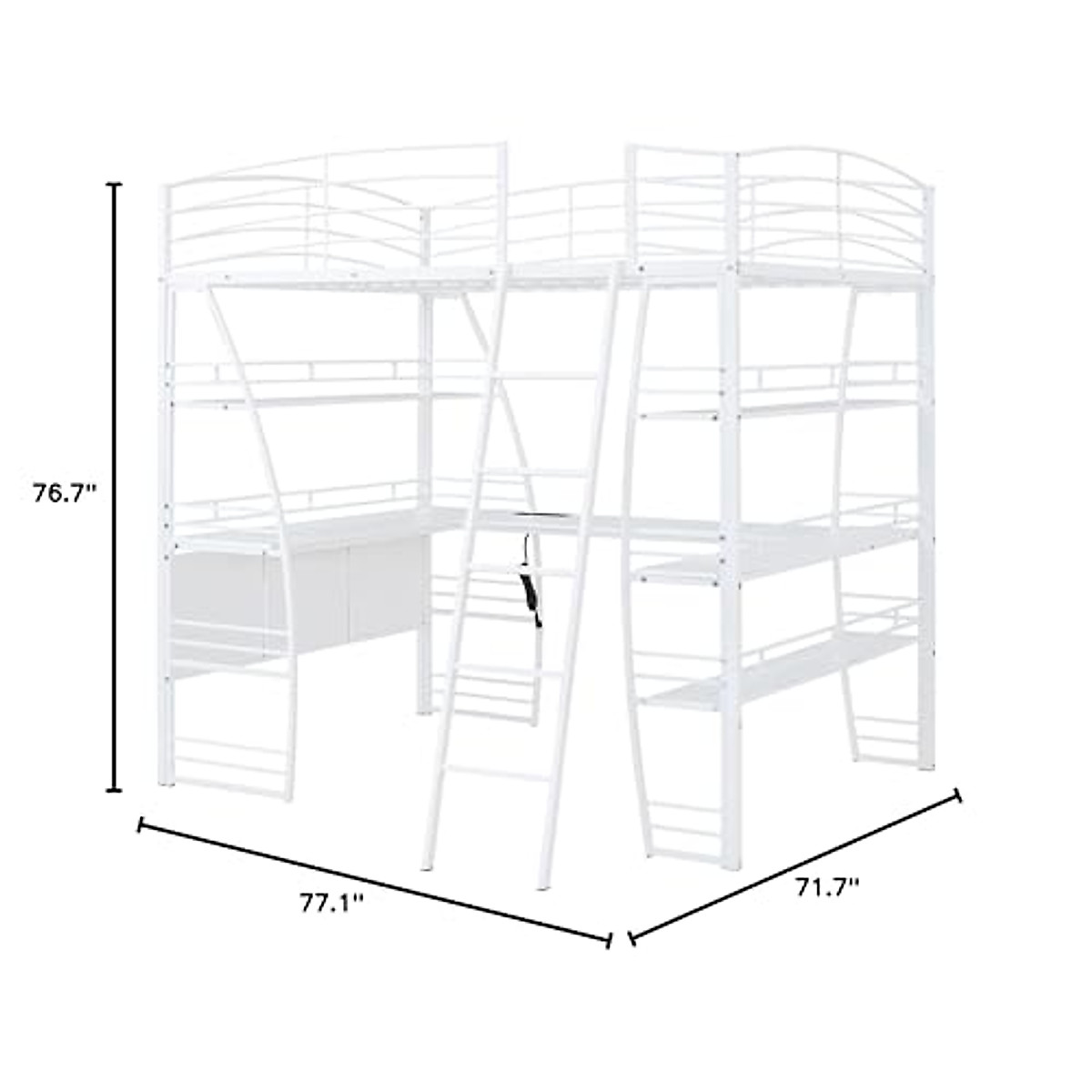 Lifeand Full Size Loft Bed with 4 Layers of Shelves and L-shaped Desk, Stylish Metal Frame Bed with a set of Sockets, USB Ports and and Wireless Charging, White