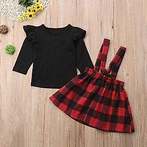 Mubineo Toddler Baby Girl Infant Plain T Shirts Plaid Overall Skirt Set Cotton Outfits (Black+Red, 6 Years)