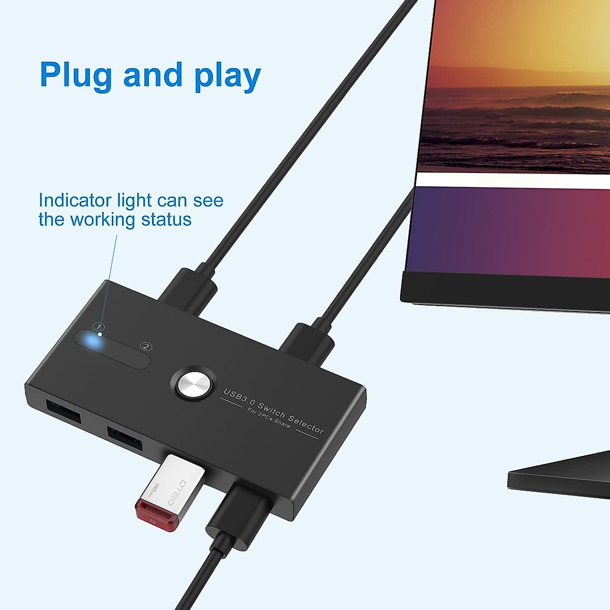 USB 3.0 KVM Switch Selector 2 Computers Sharing 4 USB Devices 4 Port USB Peripheral Switcher Box 2 in 4 Out with One-Button Swapping 2 Pack USB 3.0 Cable for Mouse, Keyboard, Scanner,Printer,Computer