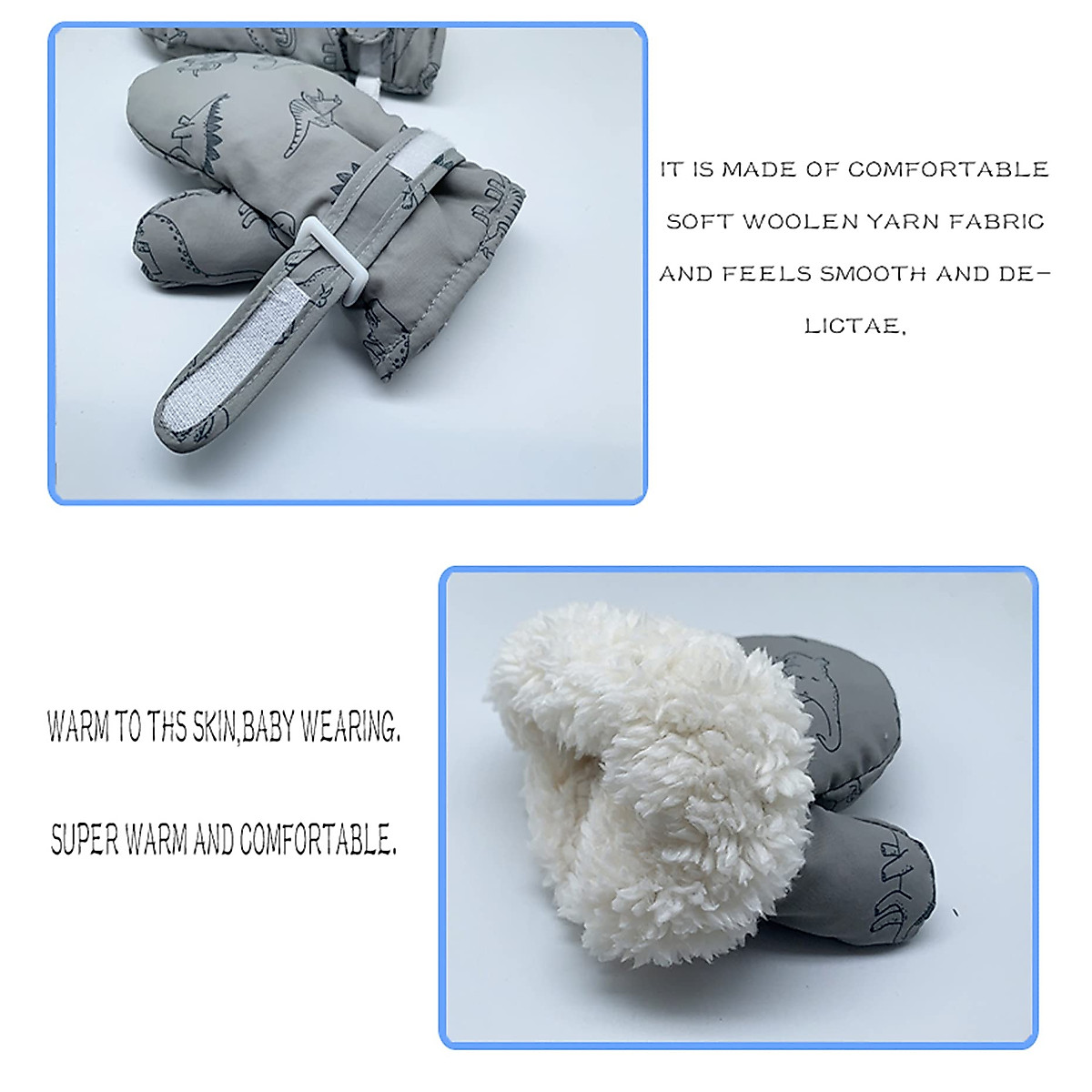 Urban Virgin Infant Baby Toddler Kids Winter Mittnes Lined Fleece Warm Waterproof Ski Snow Gloves For Boys Girls Grey Dino 6-24 Months