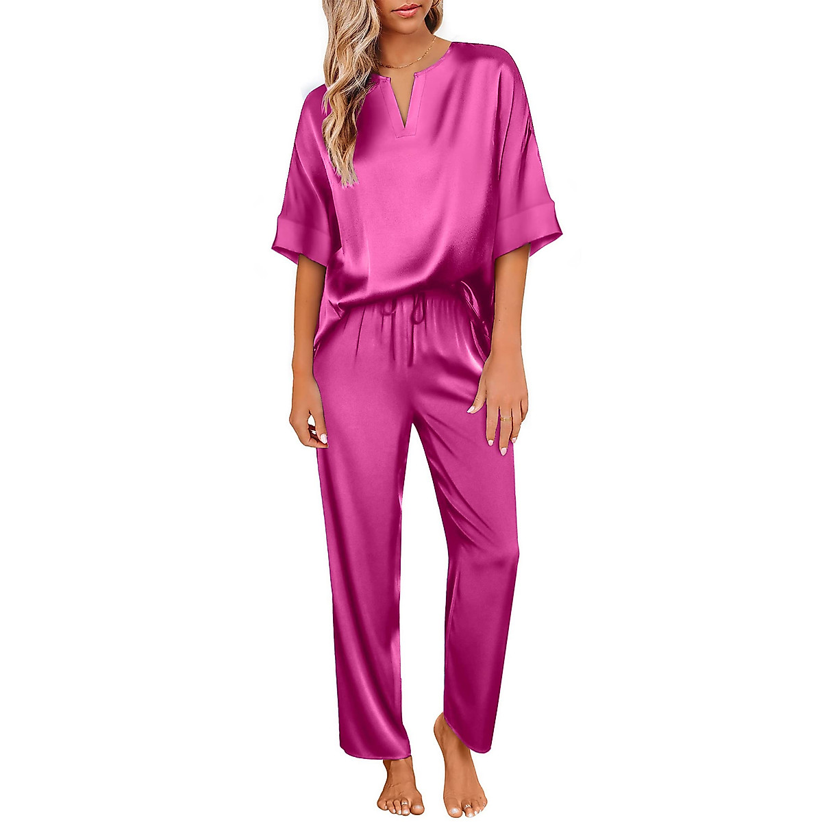 Ekouaer Satin Pajama Set Womens Silk Short Sleeve V Neck Shirt with Long Pant Soft Loungewear Pjs Set Plum