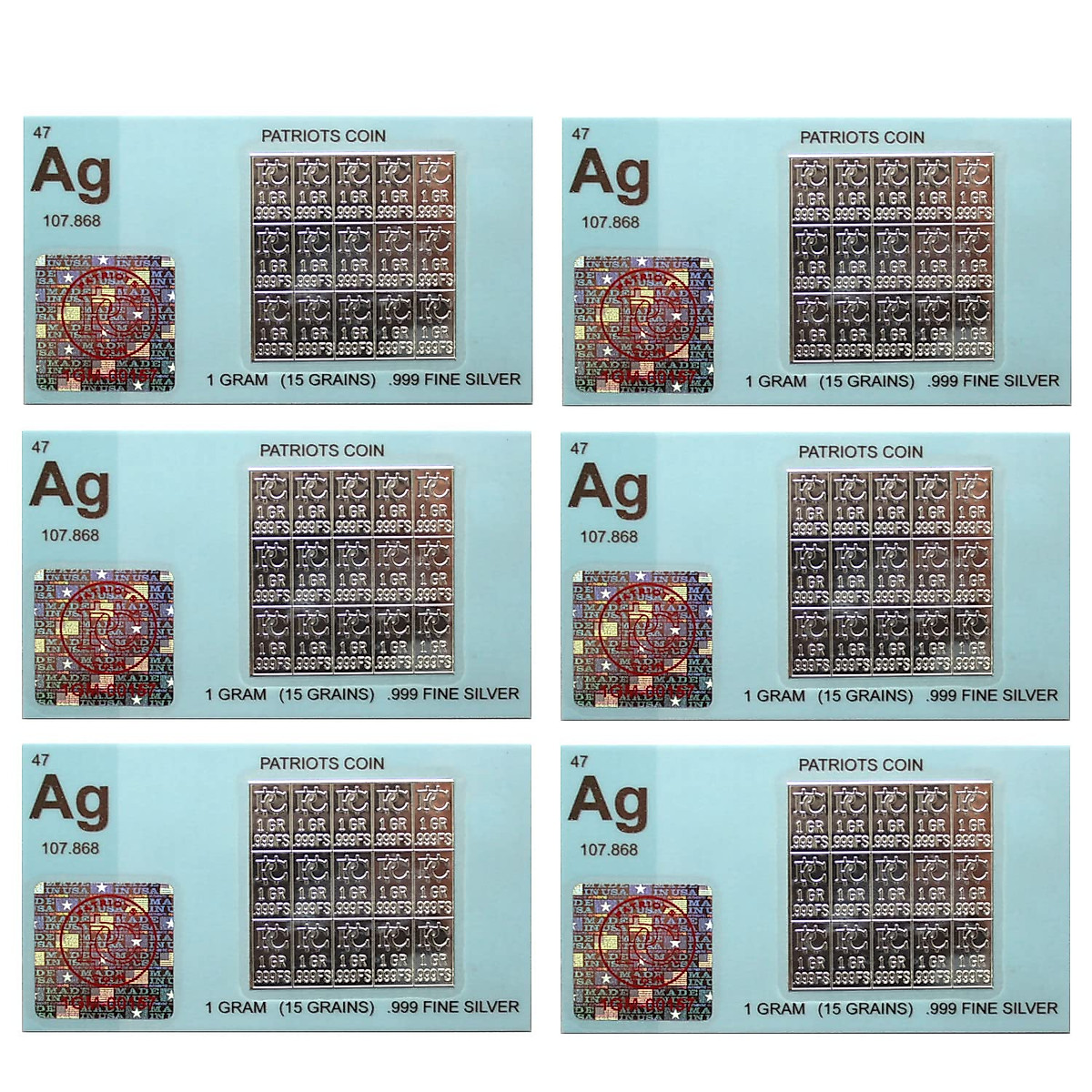 6 One Gram Pure Silver Bullion Bar Divides to 15 One Grain Bars .999 Fine Silver Snaps Apart to Individual 1 Grain Ingots