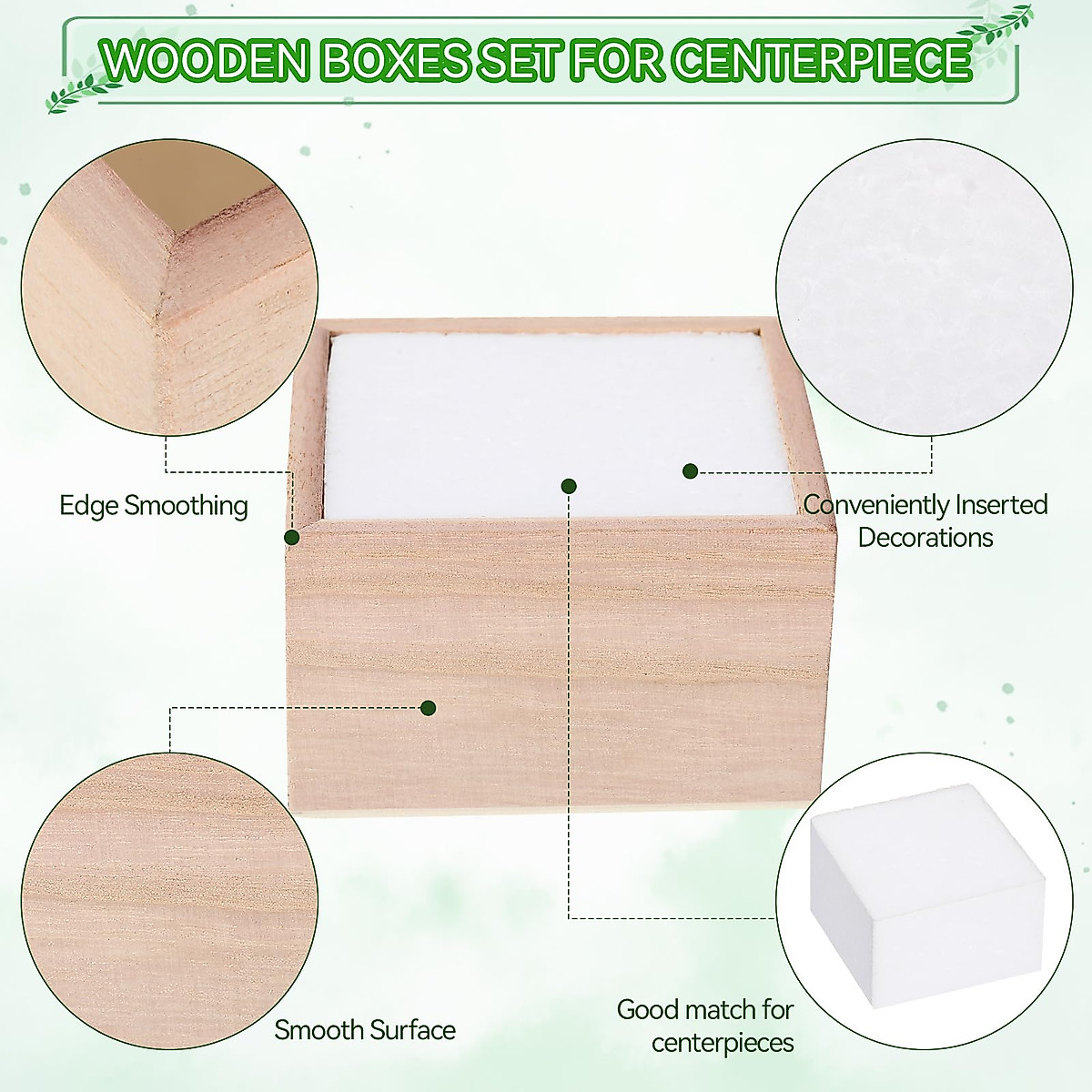Suzile 12 Sets Square Rustic Wooden Box with Foam Blocks 4" x 4" x 2.3" Unfinished Wooden Box Small Wooden Box Organizer Container for Floral Arrangement, Home Decor, Centerpiece, Party, Craft