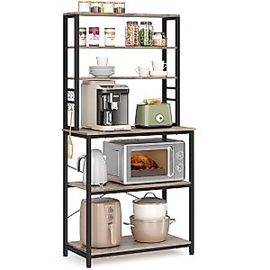 VASAGLE Coffee Bar, 31.5 Inches Baker's Rack for Kitchen with Storage, 6-Tier Kitchen Shelves with 6 Hooks, Microwave Stand, Industrial, Greige and Black UKKS019B02