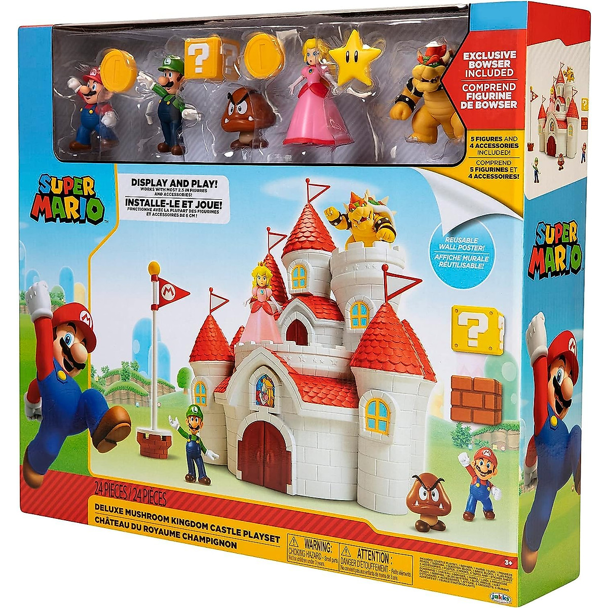 Super Mario Nintendo Deluxe Mushroom Kingdom Castle, Wall Display & Playset with (5) 2.5" Articulated Action Figures (Exclusive Bowser Figure, Princess Peach, Mario, Luigi & Goomba)