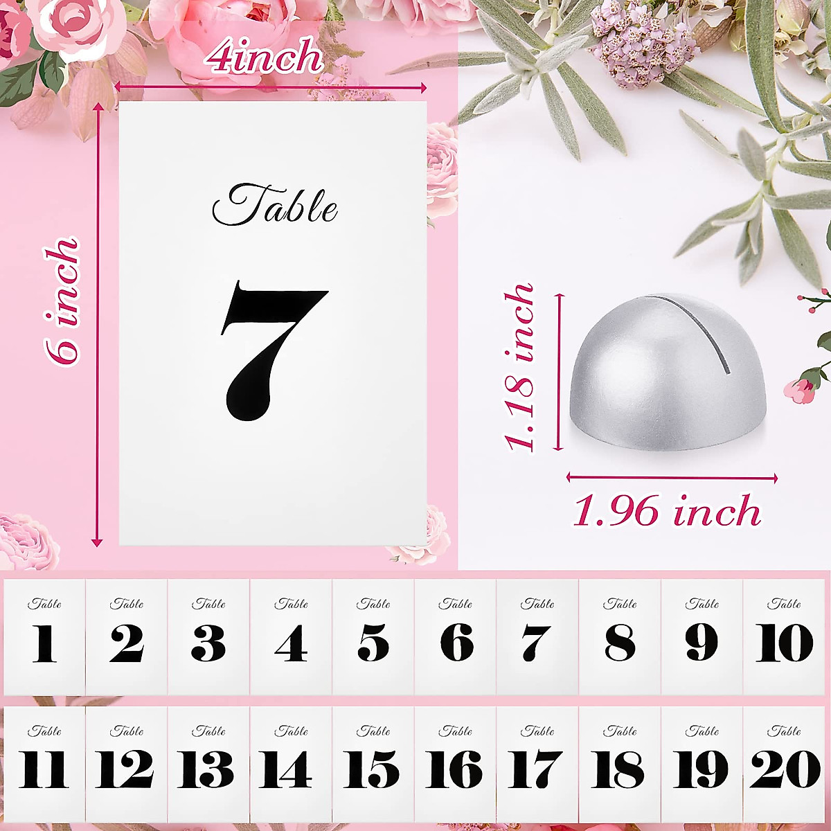Taiyin 20 Pieces Table Number Cards Round Table Number Stands Modern Cursive Table Number 1-20 for Wedding Reception Anniversary Party Restaurant Events 4 x 6 Inches(Silver)