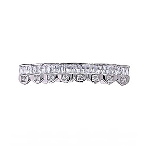 LKV Silver Teeth Grillz for Men and Women, Hip Hop Iced Out Diamond Mouth Grills for Your Teeth Top & Bottom, Rapper Costume Teeth Grillz with Extra Molding Bars