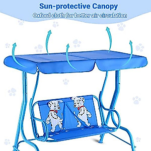 Costzon Patio Swing, All-Weather Porch Swing w/ Safety Belt, 2 Seats Outdoor Lounge Chair Hammock w/ Removable Canopy, Outdoor Swing Bench for Backyard Lawn Garden (Puppy Pattern, Blue)