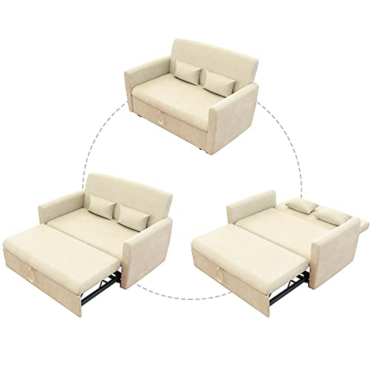 FOKWE Modern Pull Out Sofa Bed, Velvet Convertible Sleeper Sofa Couch Loveseat Sofa with Pull-Out Bed, Adjustable Backrest and 2 Pillows for Living Room,Beige