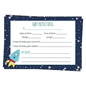 Space Baby Shower Predictions About New Baby Cards Rocket Ship Outer Space Sprinkle Wishes Hopes Dreams Ship Stars Moon Countdown 321 to Baby Spaceship Stripe Aqua Navy Blue Boys It's A Boy (24 Count)