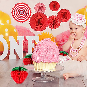 Outus 12 Pcs Strawberry Birthday Party Decorations Supplies Include 5 Strawberry Honeycomb Balls 1 Strawberry Garland 6 Paper Fans Decor Strawberry Themed Decorations for Birthday Party