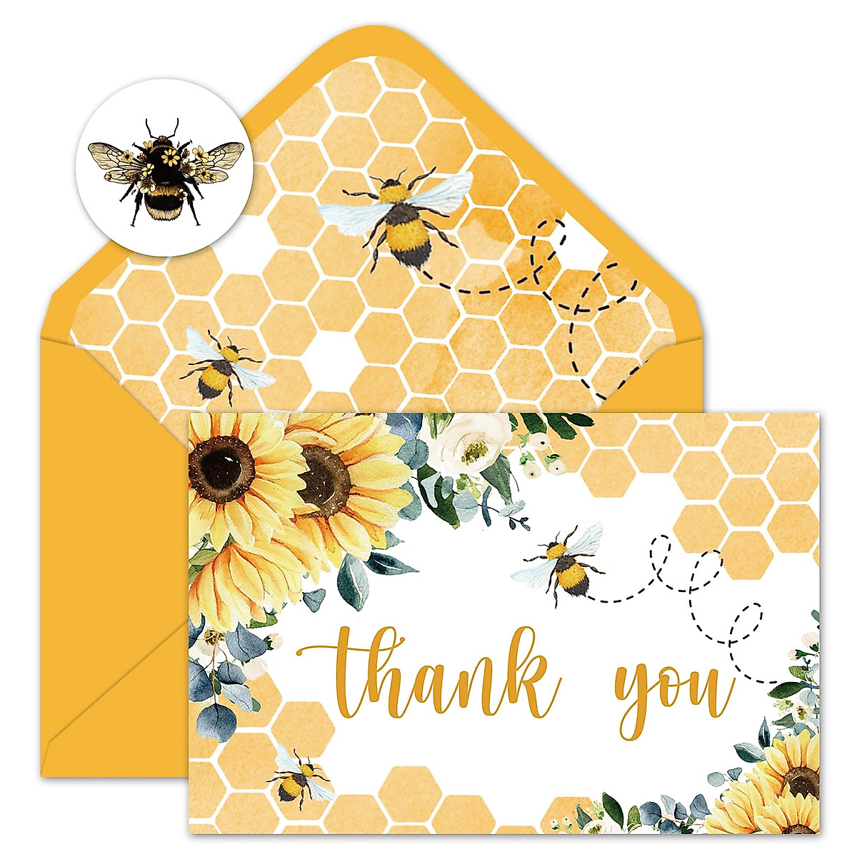 Whaline 24Pcs Sunflower Bee Thank You Cards Bulk Watercolor Summer Flower Greeting Cards with Envelope Stickers Blank Note Cards for Wedding Baby Shower Bridal Birthday Party, 4 x 6 Inch